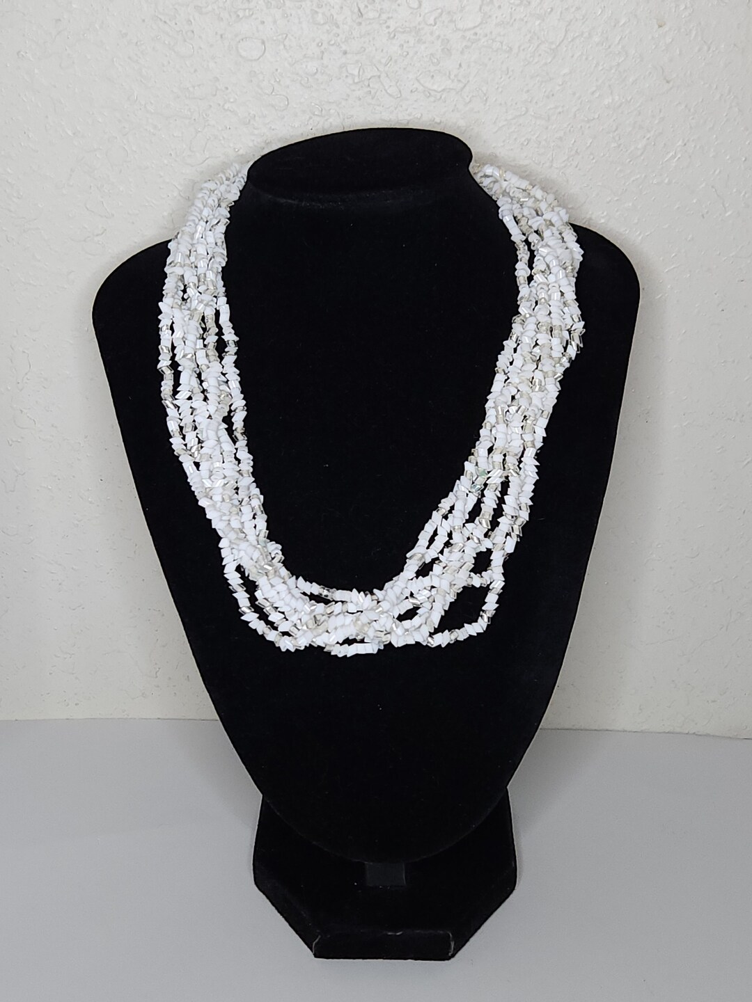 Vintage 8 Strand White and Clear Glass Diagonal Cut Beaded Necklace D-2 ...