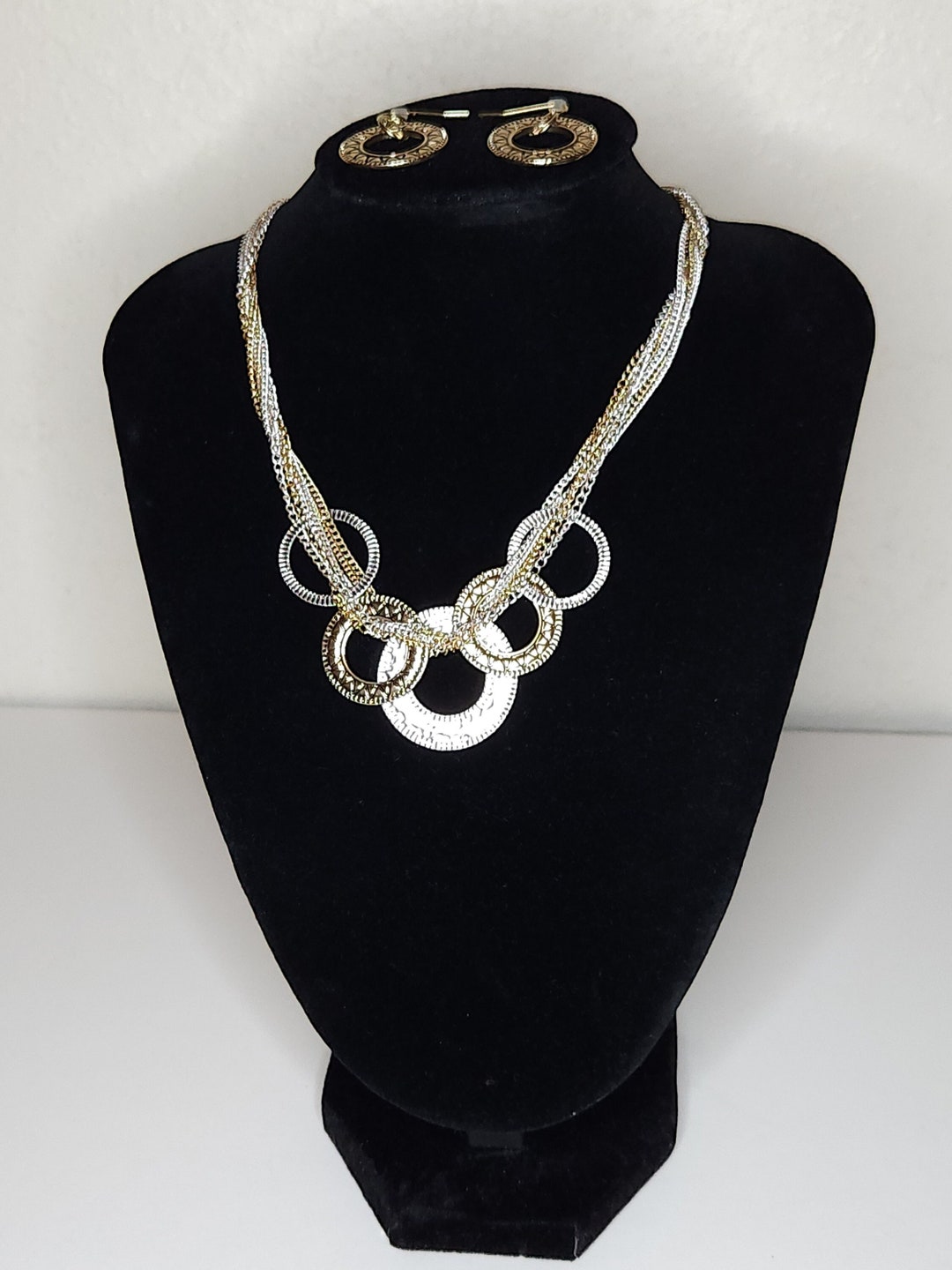 Vintage Silver Tone and Gold Tone Disc Chain Necklace and Earrings Set ...