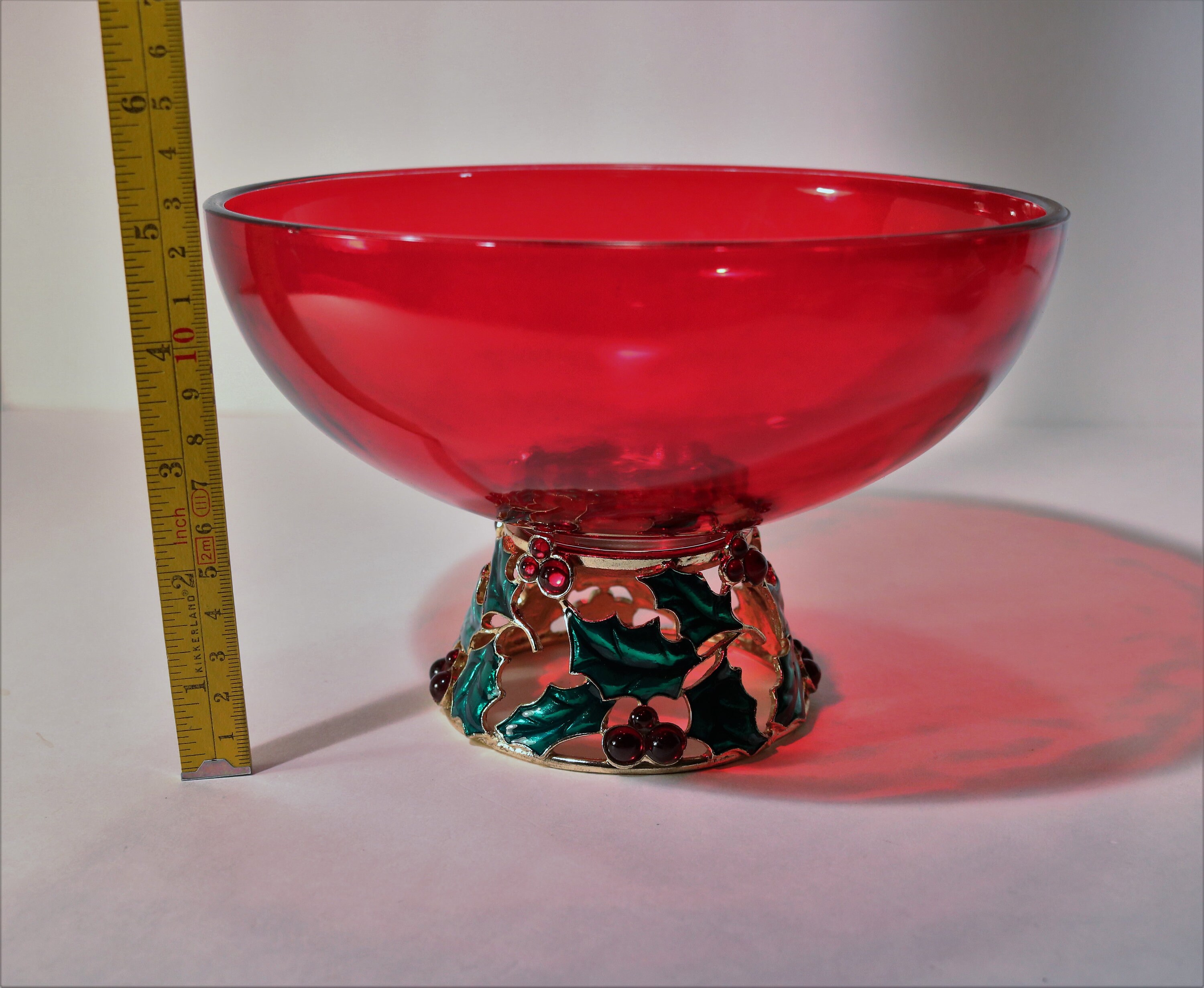 1980's Teleflora Ruby Red Christmas Compote Bowl on Golden Enameled ...