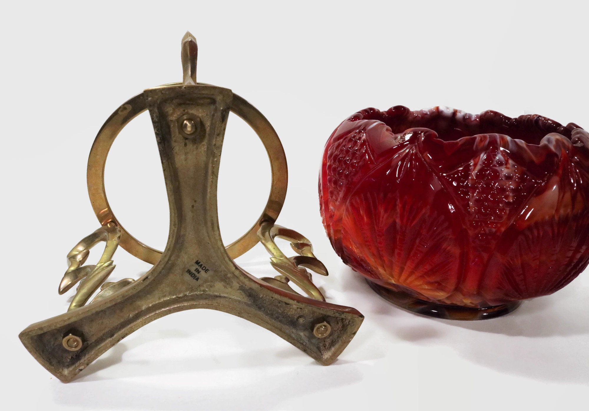Rare Fenton Regency Red Ruby Marble Slag Rose Bowl and Brass Stand Made ...