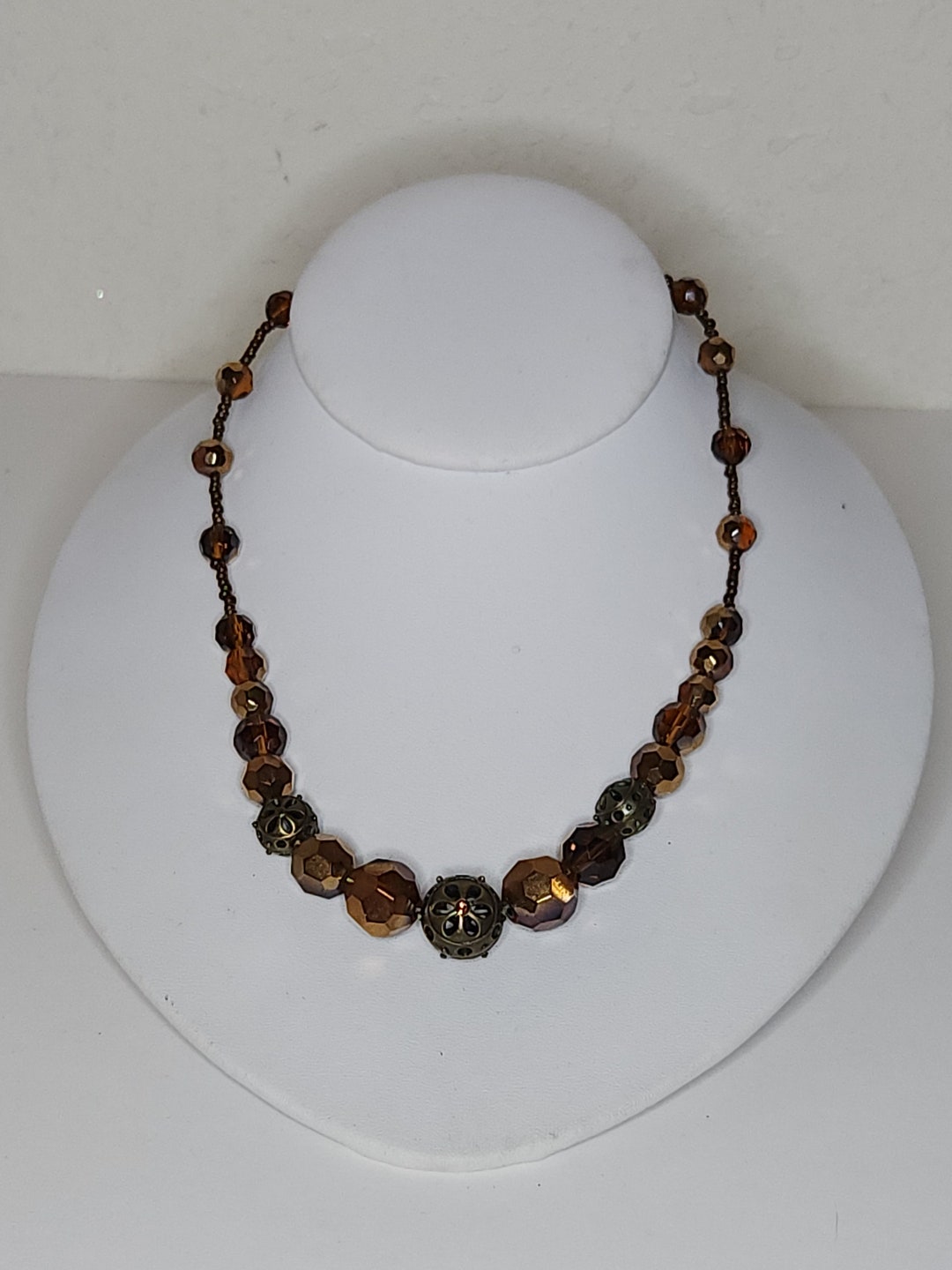 Vintage Esmor Signed Copper Tone and Brown Beaded Necklace With Brass ...
