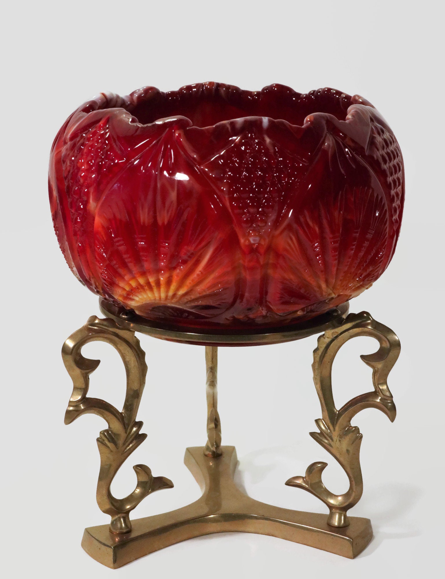 Rare Fenton Regency Red Ruby Marble Slag Rose Bowl and Brass Stand Made ...