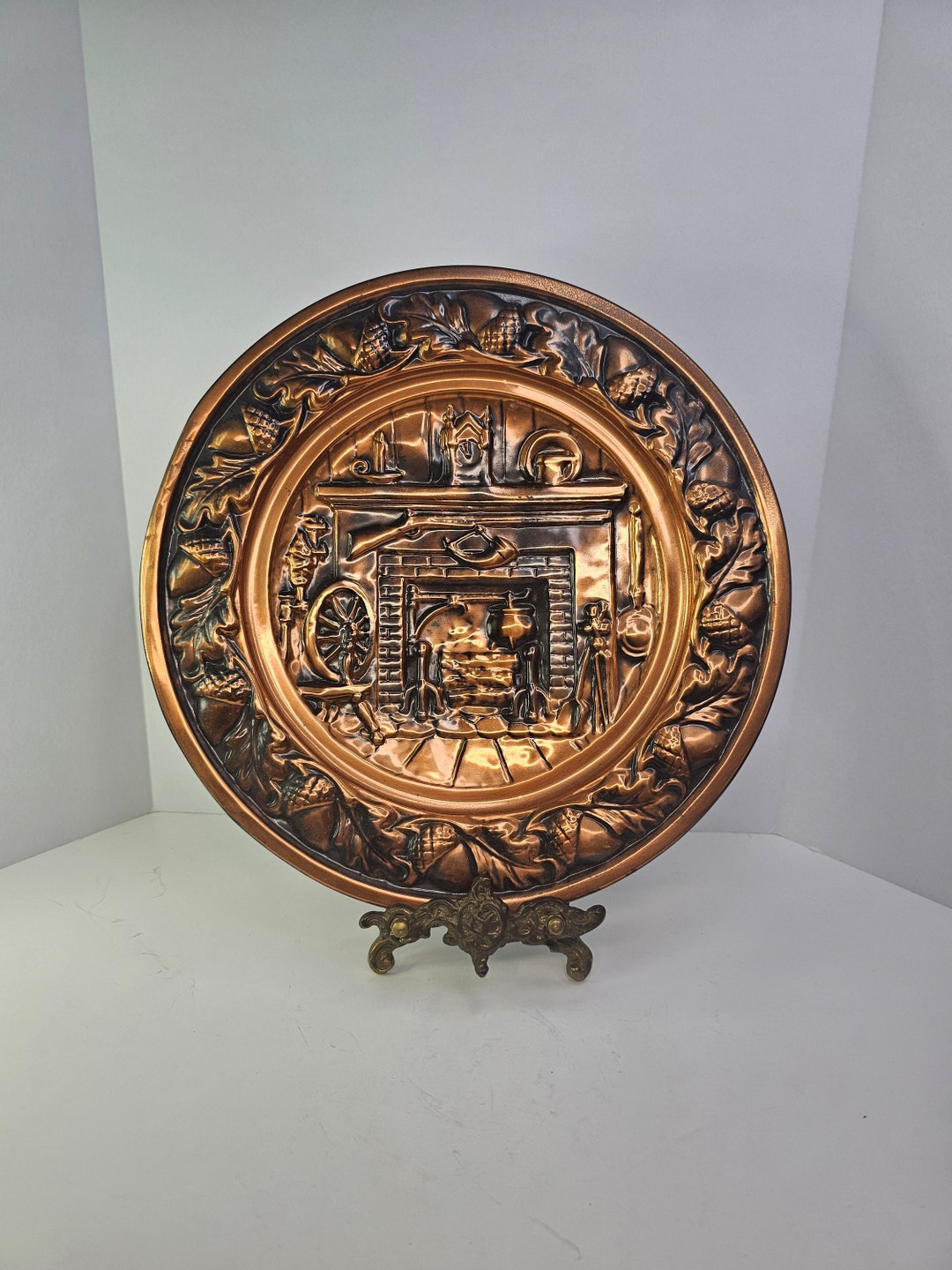 Vintage Acorn Rimmed Rustic Colonial Fireplace Scene Copper Wall Plaque ...