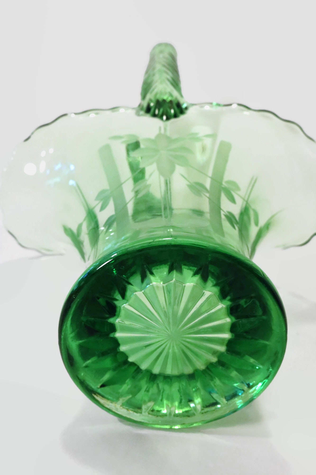 Vtg Duncan & Miller 10 1/4 Green Glass Bridal Basket Etched Flowers