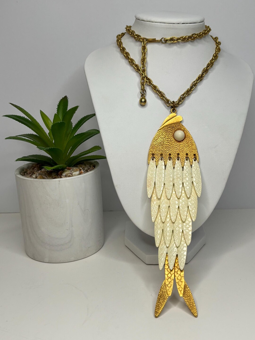Vintage Ivory Enamel Segmented Large Fish Pendant Gold Tone 22 ...