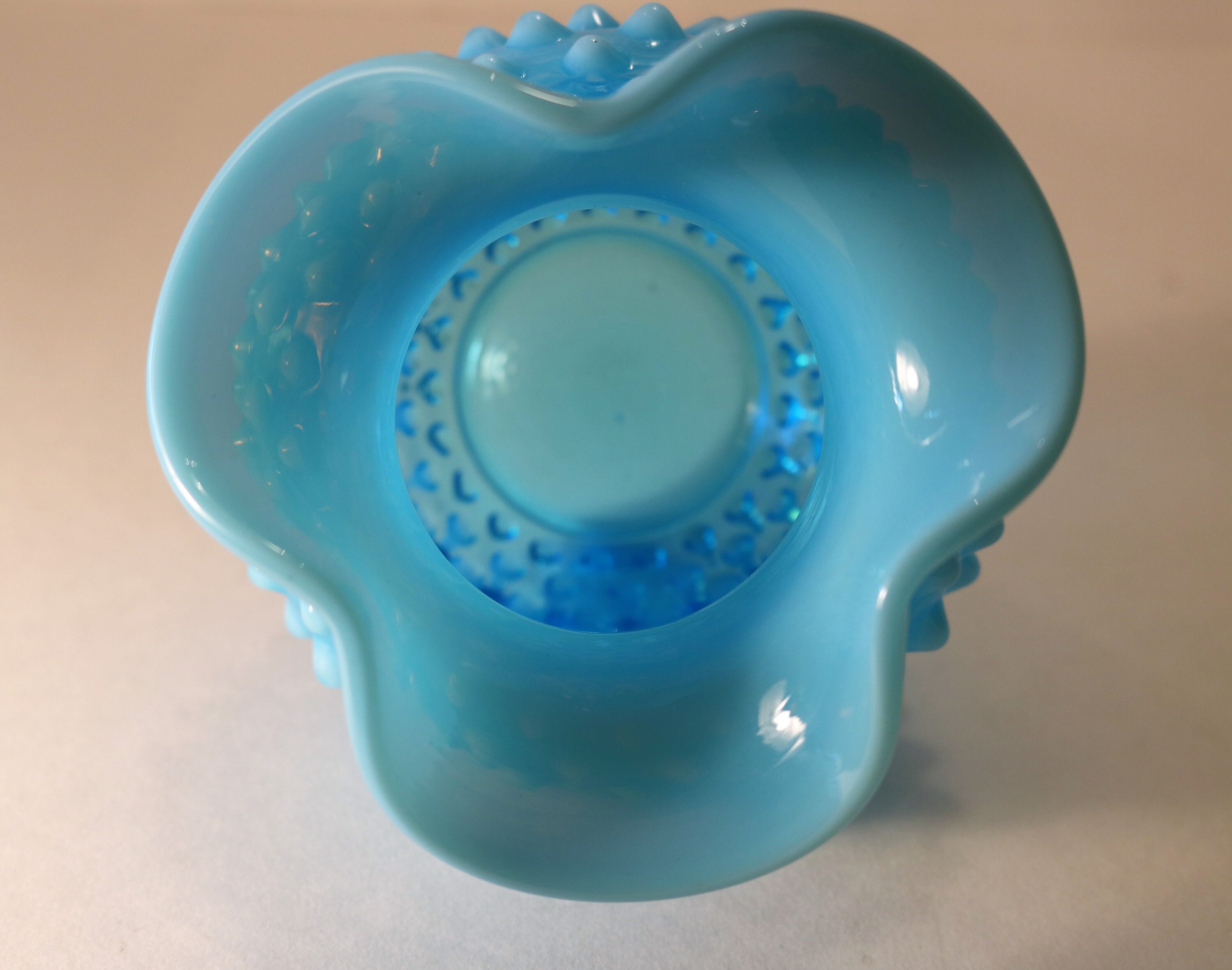 1940's Fenton Blue Opalescent Hobnail No. 389 5 1/2 Vase
