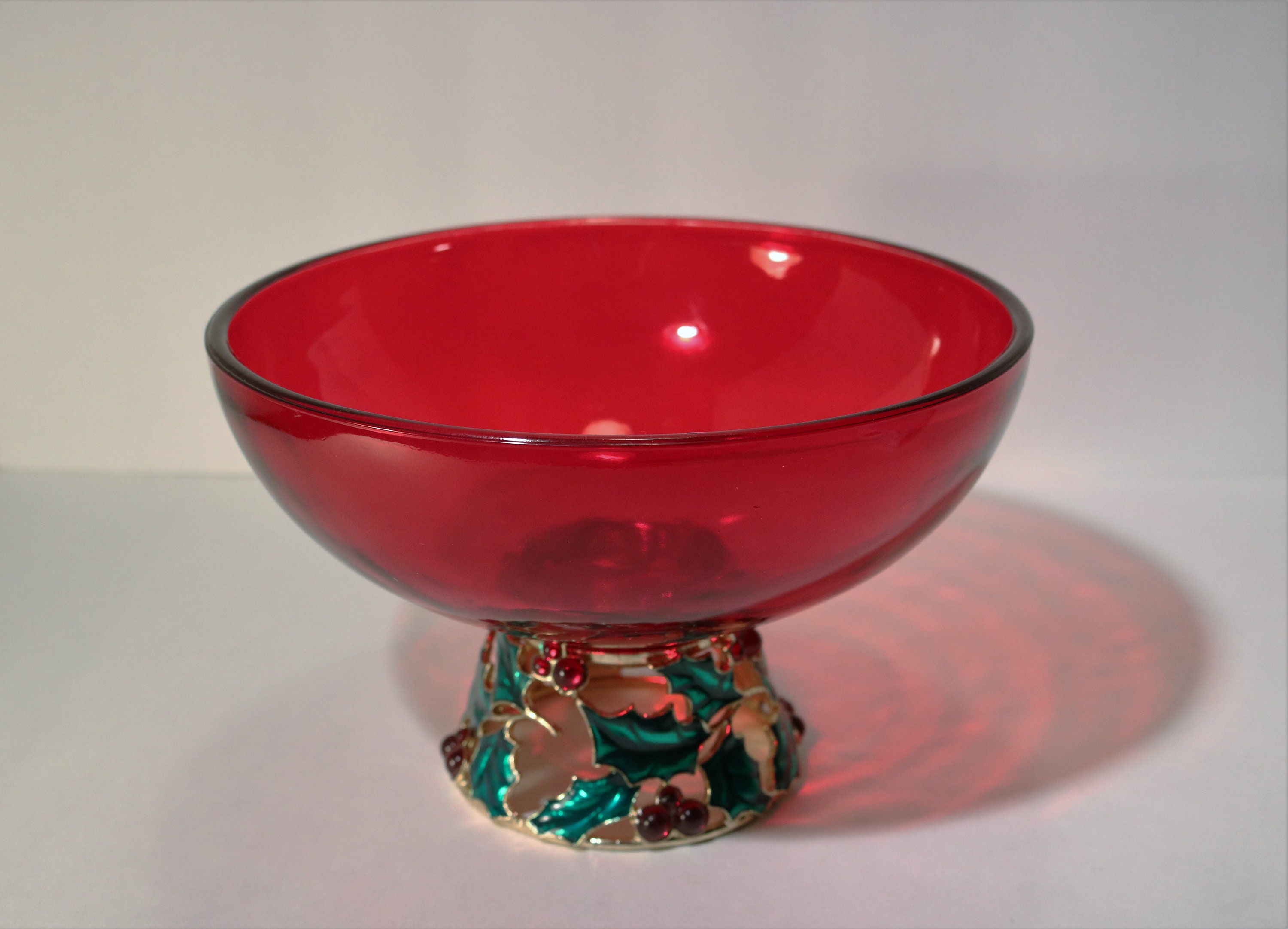1980's Teleflora Ruby Red Christmas Compote Bowl on Golden Enameled ...