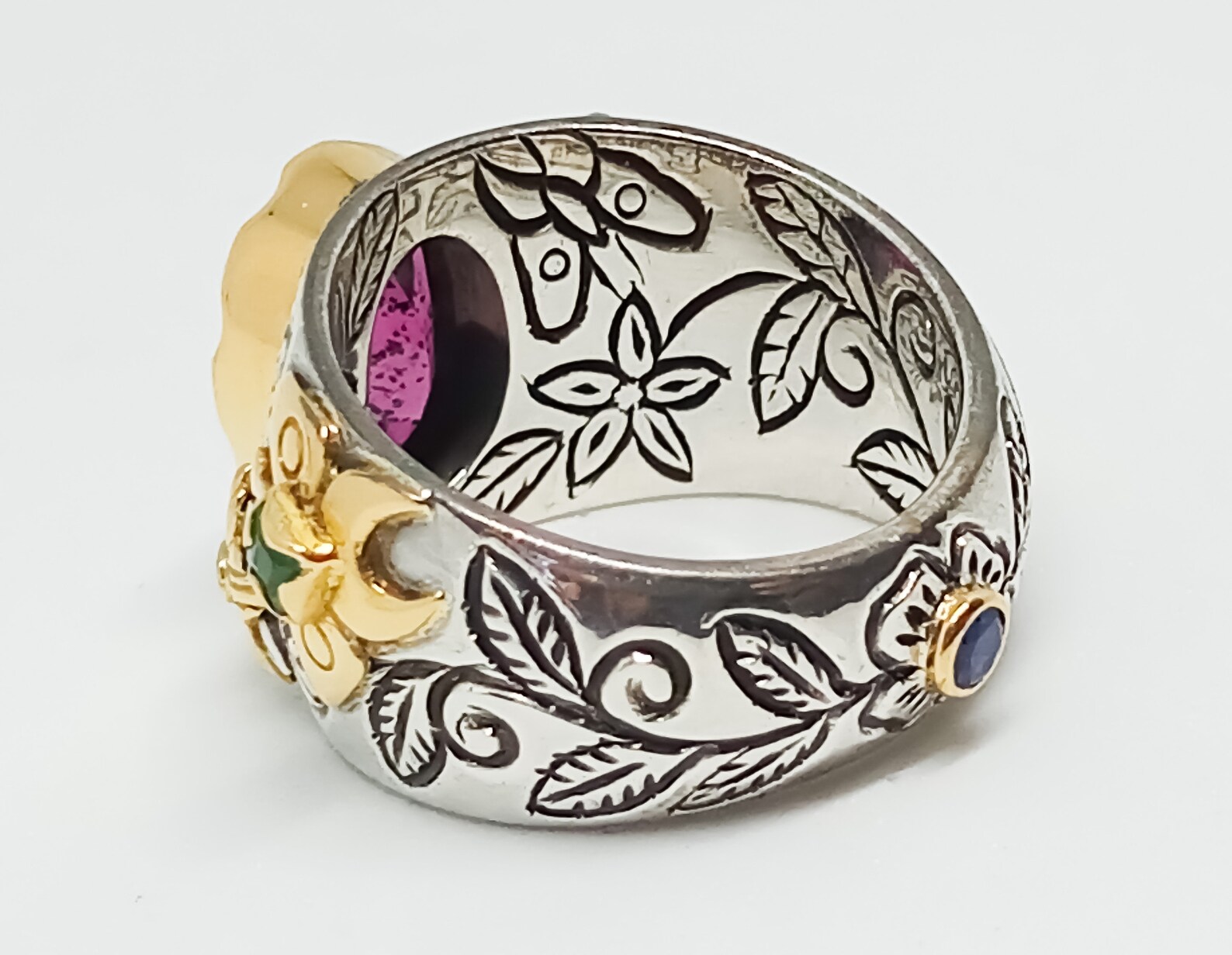 Large Pink Garnet Statement Ring With Emerald Diamond and Blue - Etsy