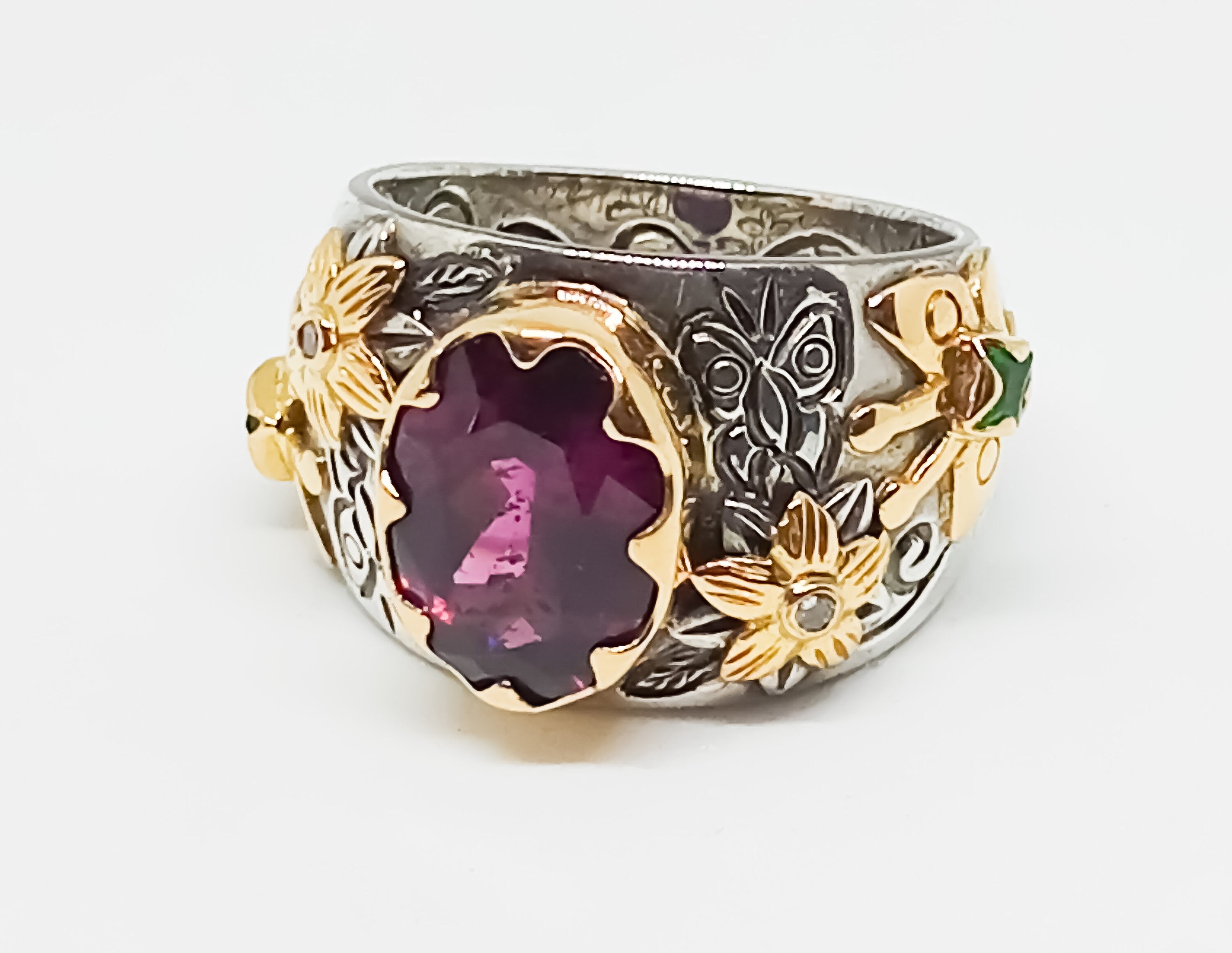 Large Pink Garnet Statement Ring With Emerald Diamond and Blue - Etsy