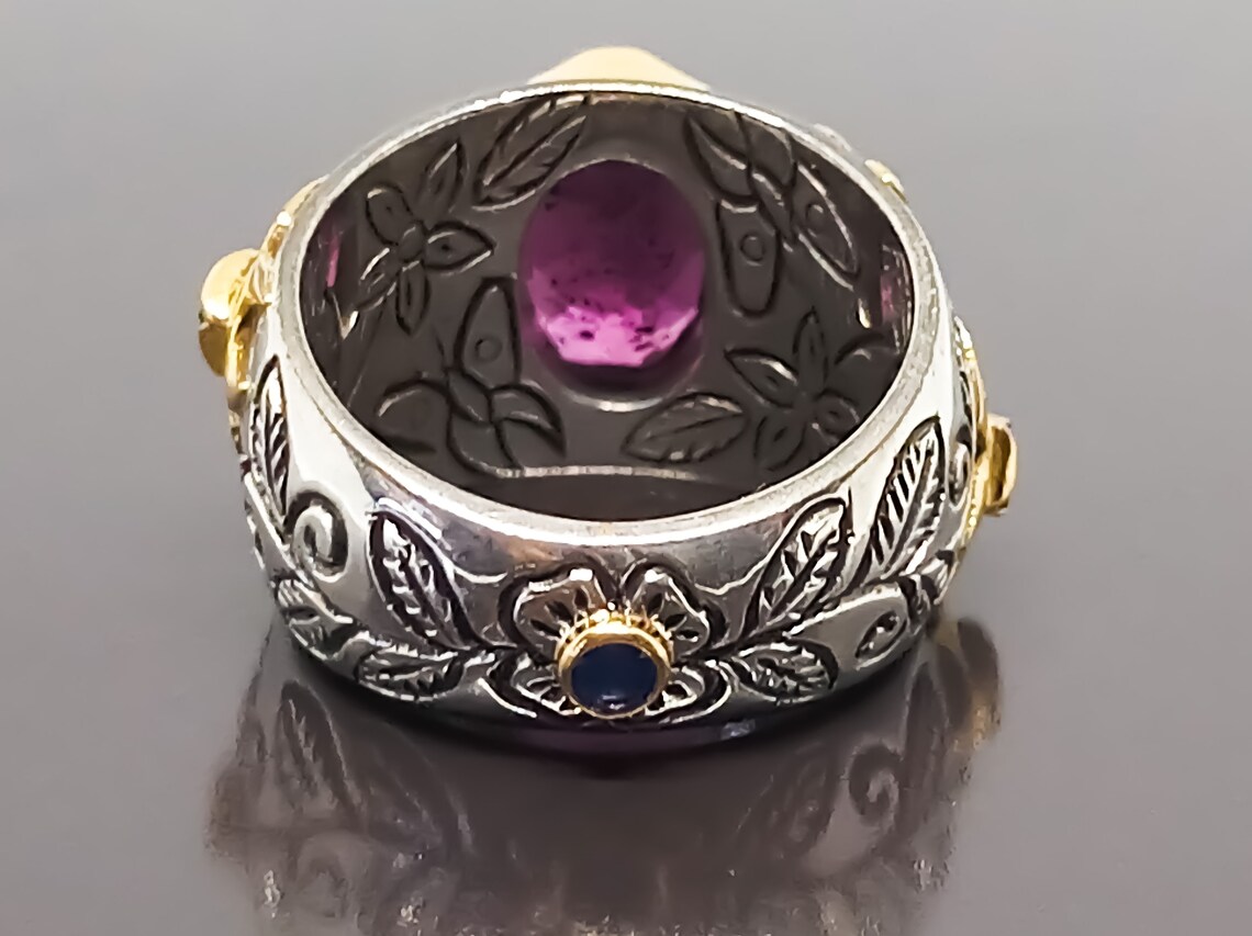 Large Pink Garnet Statement Ring With Emerald Diamond and Blue - Etsy