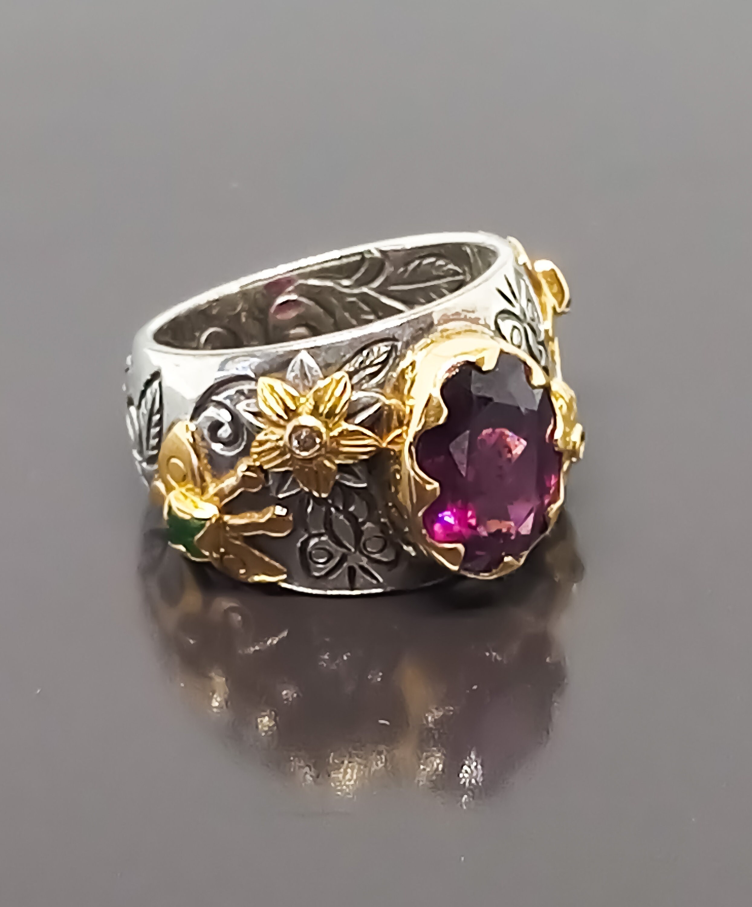 Large Pink Garnet Statement Ring With Emerald Diamond and Blue - Etsy