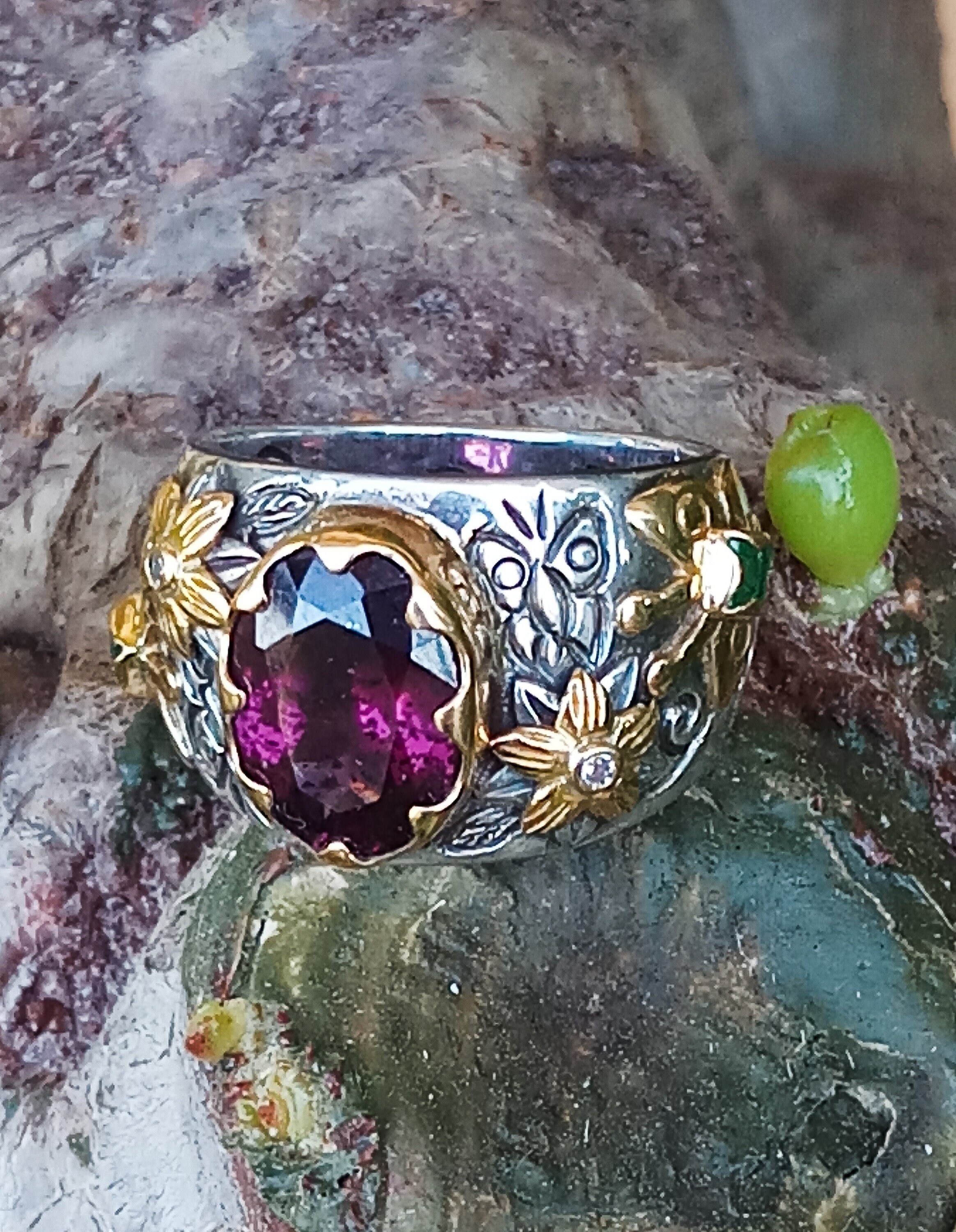 Large Pink Garnet Statement Ring With Emerald Diamond and Blue - Etsy