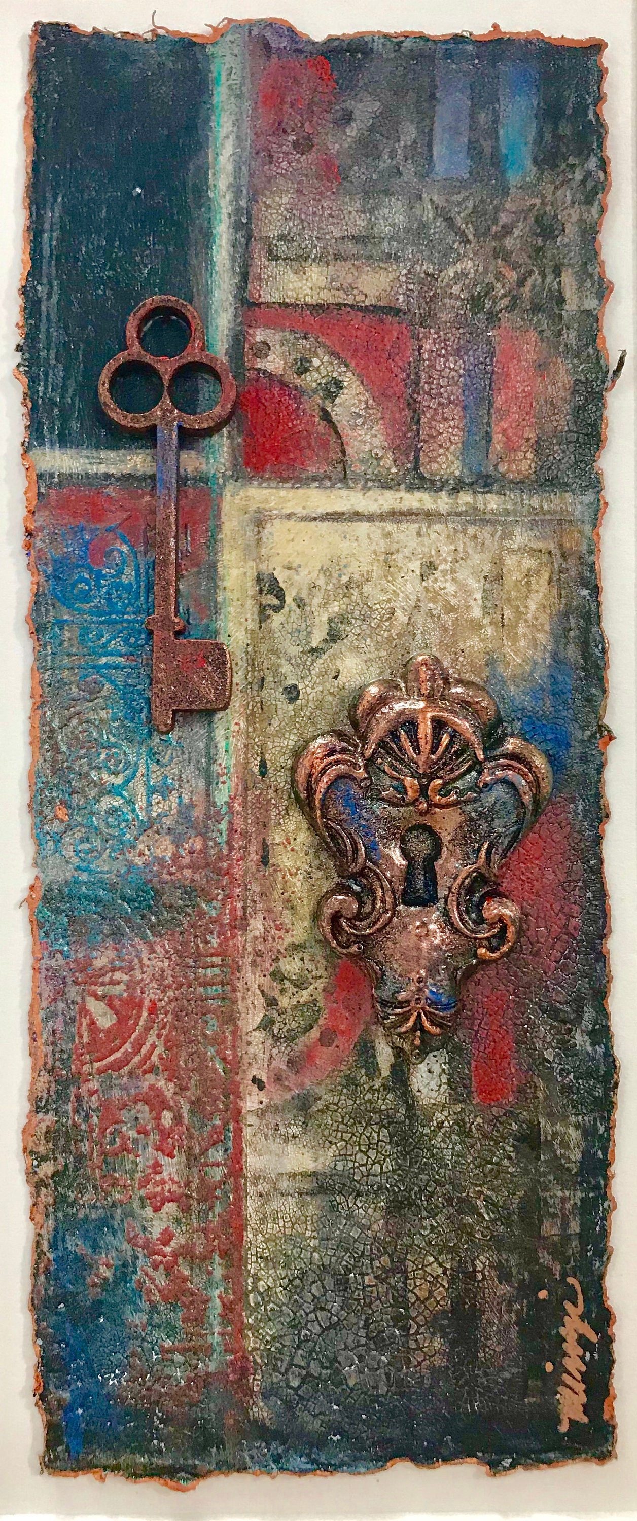 Vintage lock and keyoriginal mixed media art vertical | Etsy