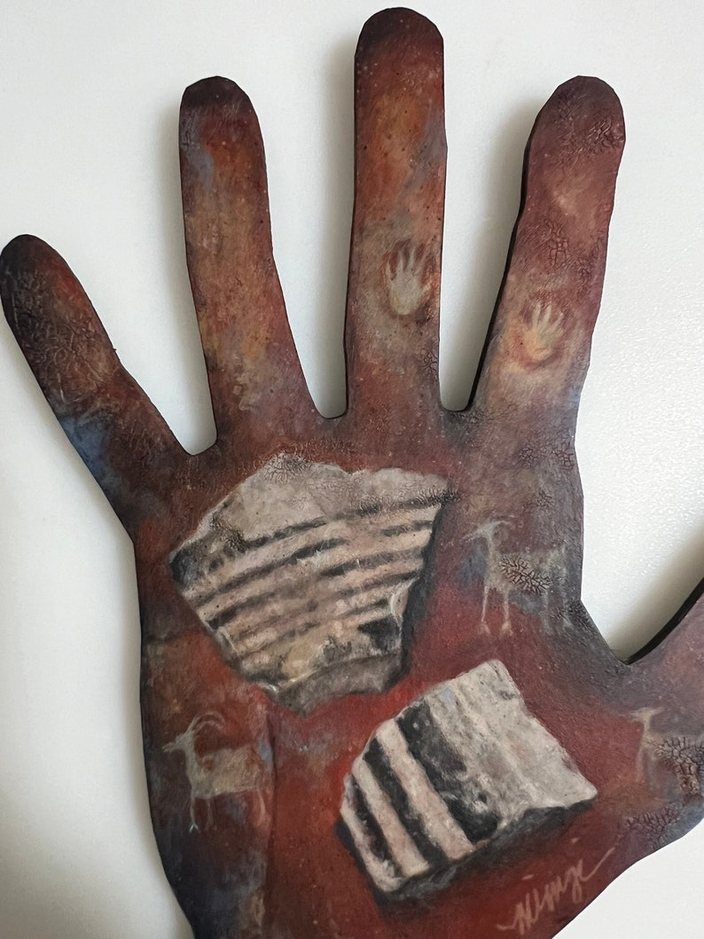 Petroglyph Art, Painted Hand, Anasazi Shards, Southwest Wall Art, Red ...