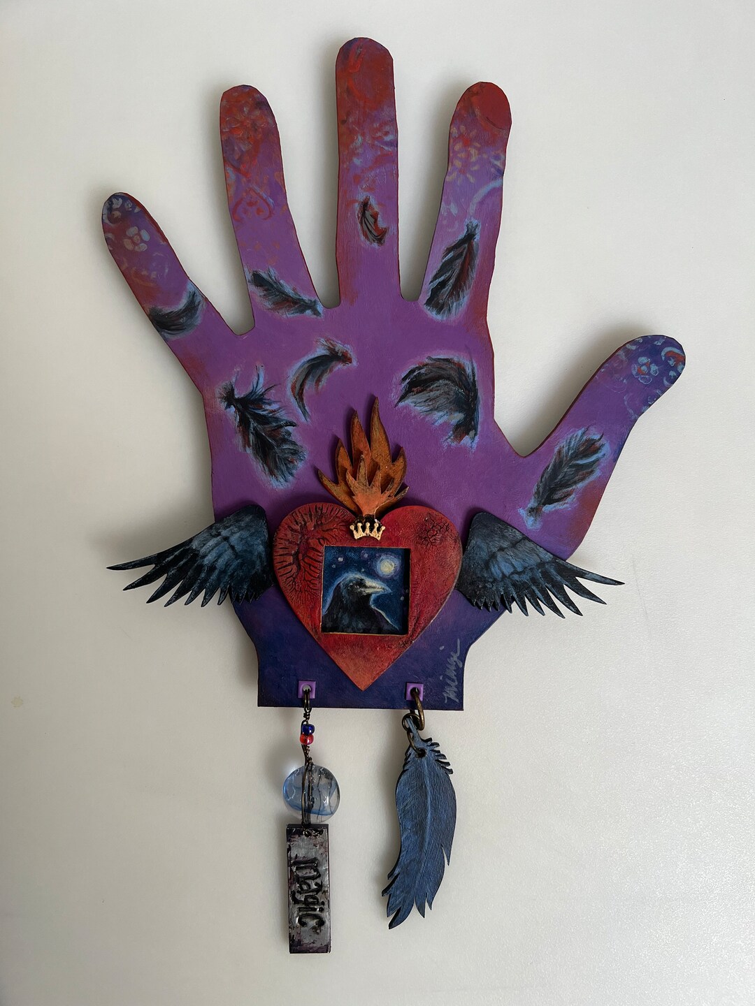 Crow Shrine, Hand, Original Small Art, Winged Heart, Magic, Purple - Etsy