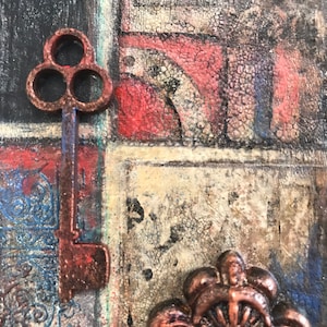 Vintage Lock and Key,original Mixed Media Art, Vertical, Small Painting ...