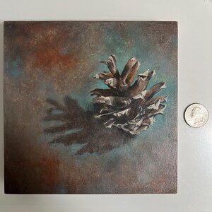 Pine Cone, Small Original Art, Trompe L’oeil, Nature Painting, 6x6, Turquoise, Copper, OOAK - Etsy