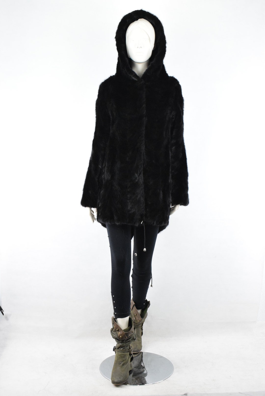 Real Mink Fur Coat Black Color Unique Fishtail Design Parka Coat With ...