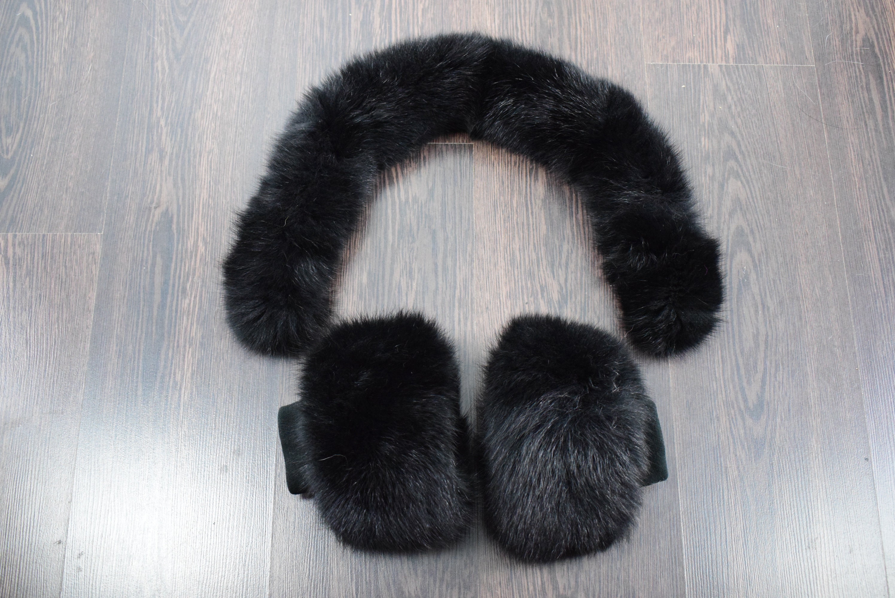 Fox fur stripe set with fur cuffs black colour fluffy soft | Etsy
