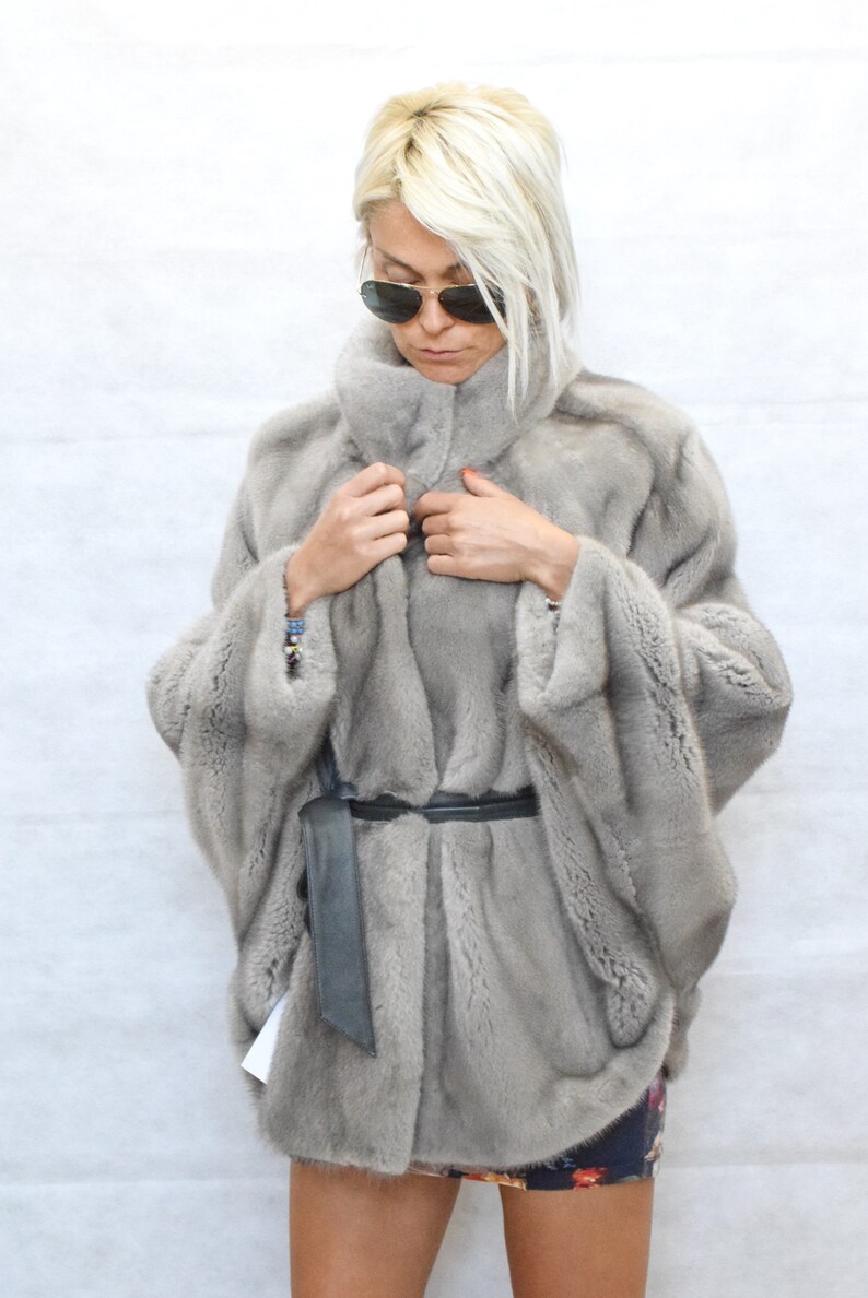 Real Fur Mink Cape With Large Collar Natural Gray Color - Etsy