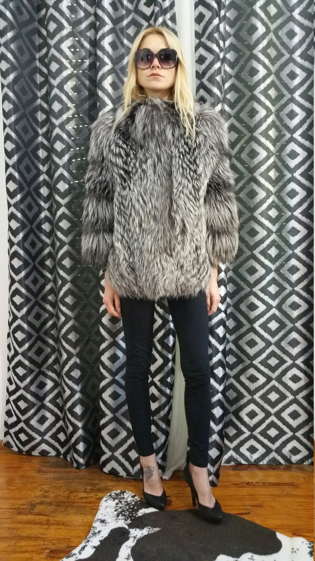 Fox Fur Jacket Coat Silver Black Color Jacket, Short Sleeves, Womens ...