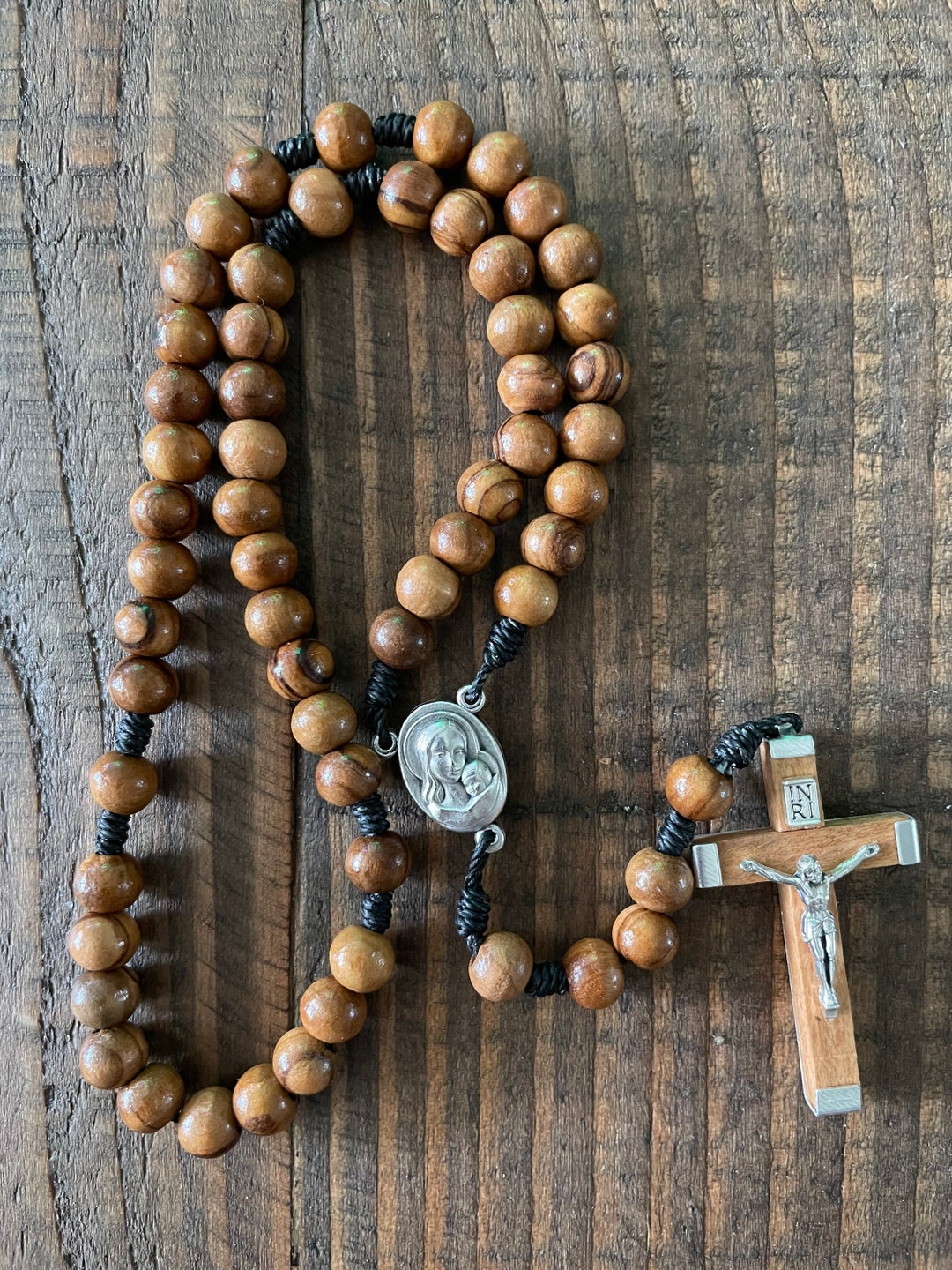 7mm ROUND Catholic Olive Wood Rosary With Crucifix and Centerpiece With ...