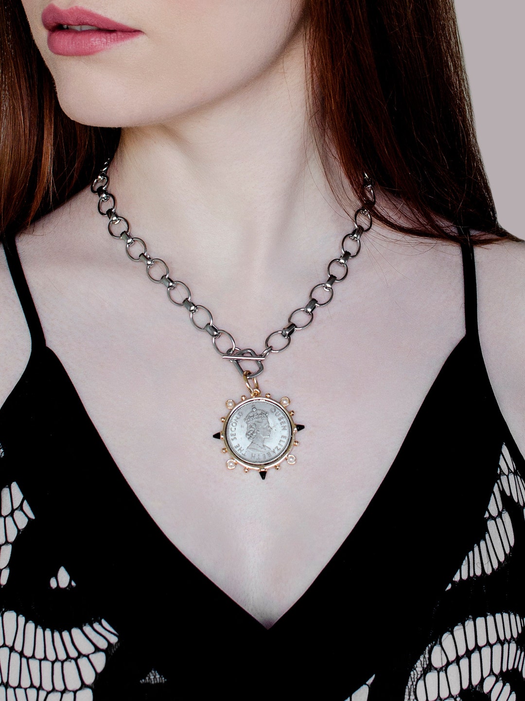 Statement Coin Necklace,antique Silver Stainless Large Link Pendant ...