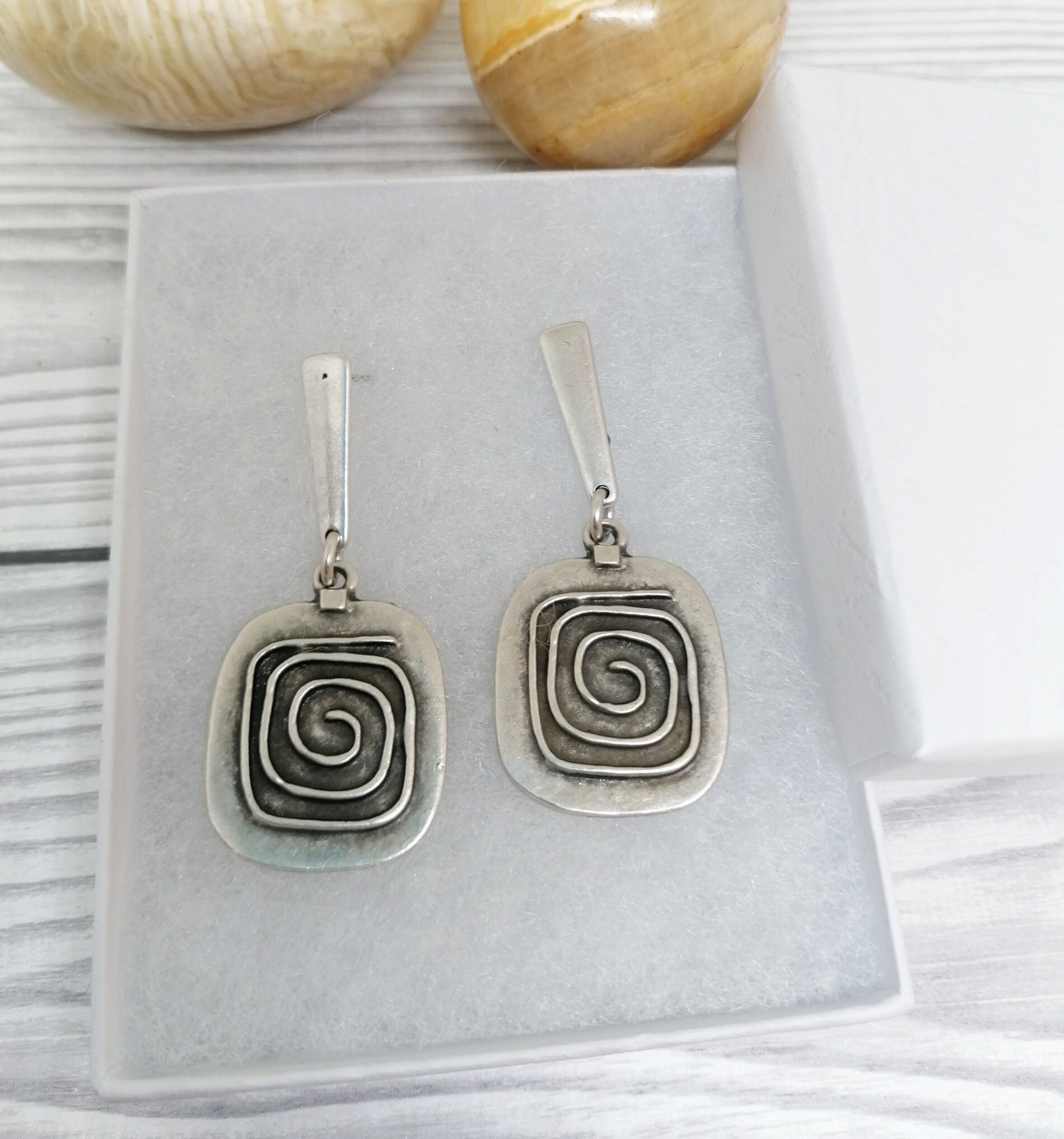 Unique Boho Abstract Earrings Silver Square Swirl Pattern - Etsy