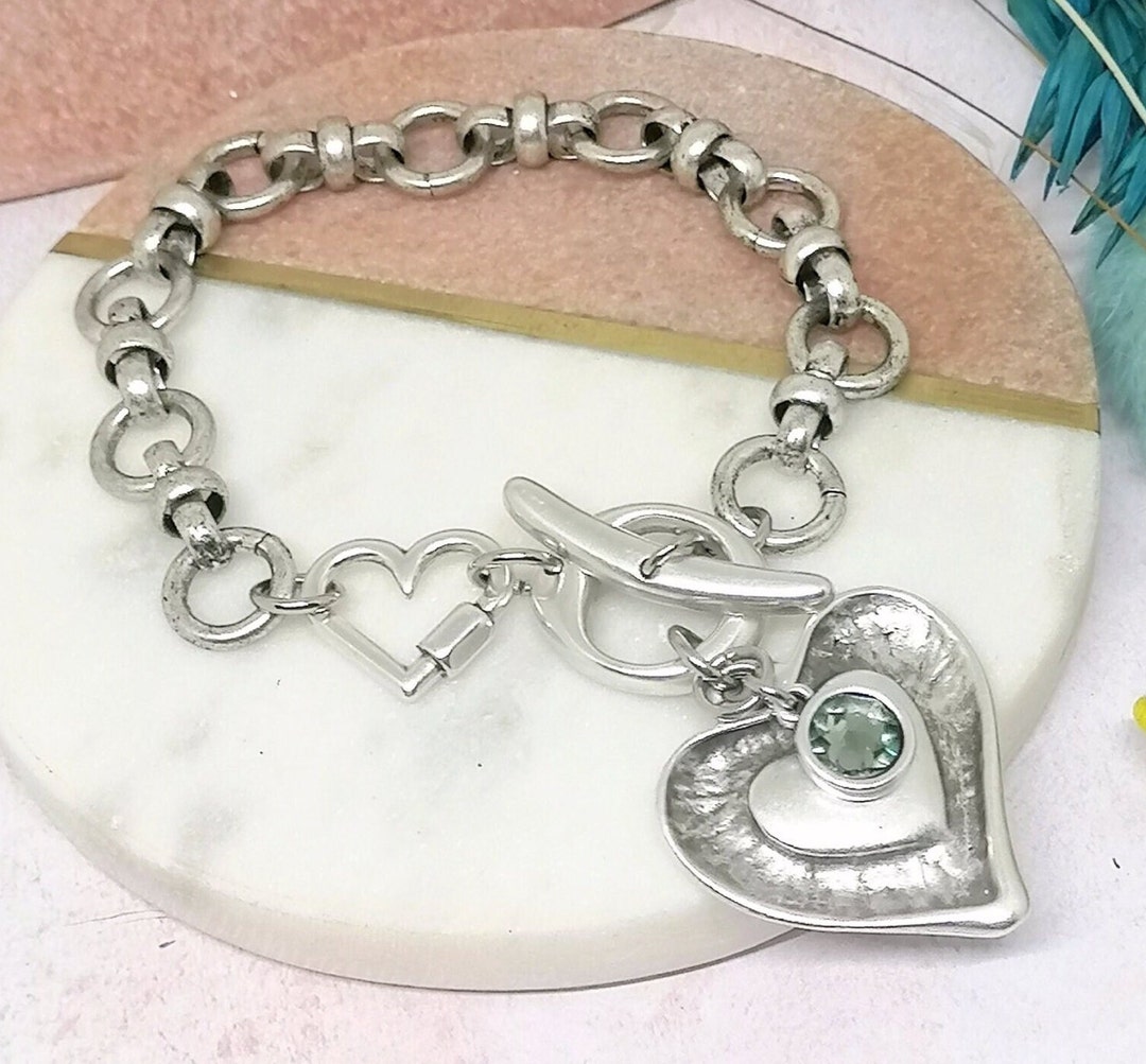 Antique Silver Heart Bracelet, Silver Toggle Clasp Bracelet, Chunky ...
