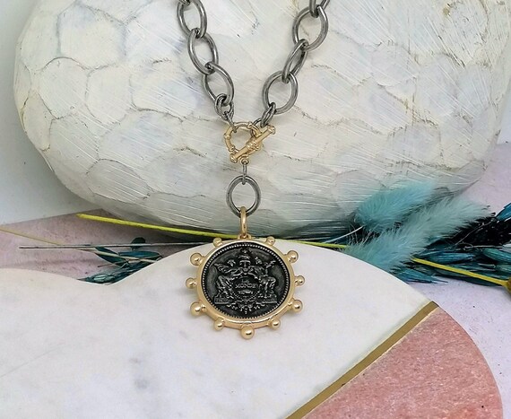 Statement Gold Coin Necklace Mixed Metal Large Link Chain Necklace Vintage French Coin Pendant T Bar Necklace Jewelry Gift for Her