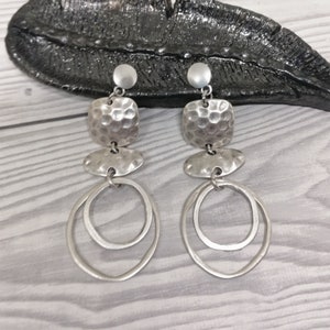 Long Silver Abstract Earrings,big Geometric Hammered Dangle Earrings ...