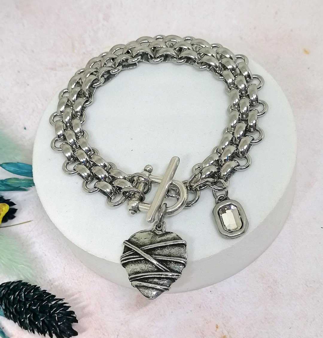 Antique Silver Chainmail Bracelet,statement Heart Bracelet, Chunky ...
