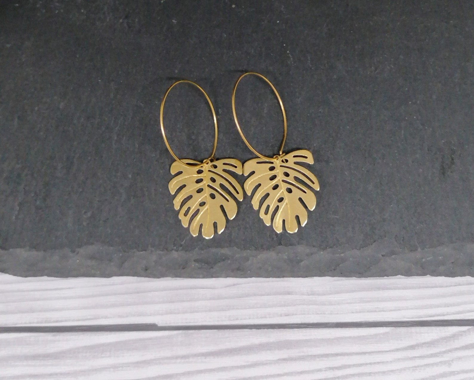 Monstera Leaf Gold Hoop Earrings Gold Leaf Dangle Earrings - Etsy UK