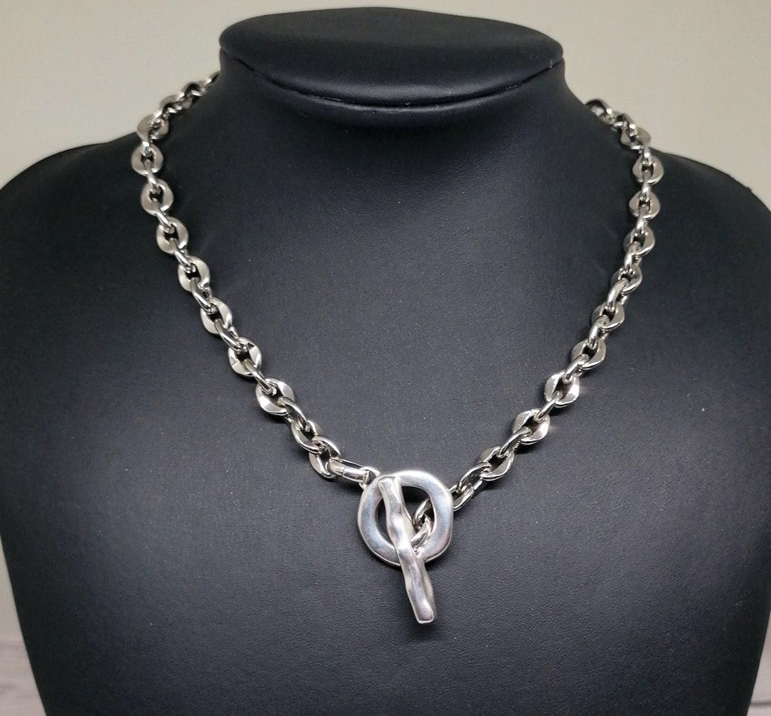 Antique Silver Toggle Bar Chunky Chain Necklace Statement T Bar