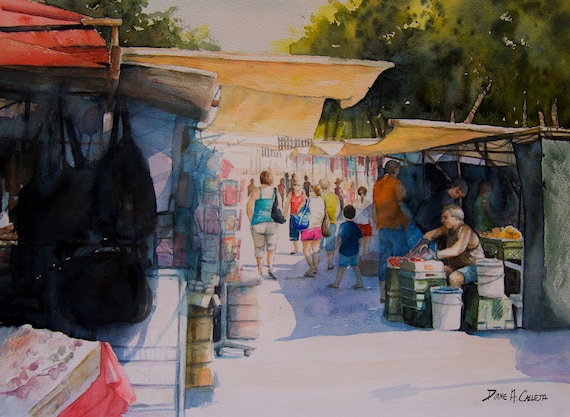Street Market Original Watercolor Landscape Scene on A3 100% | Etsy