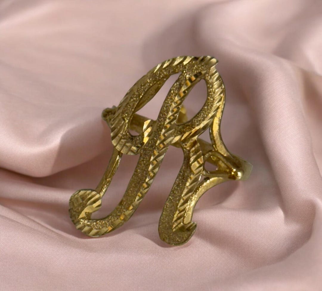 14k Yellow Gold Initial R Ring, Retro Style Diamond Cut and Brushed ...