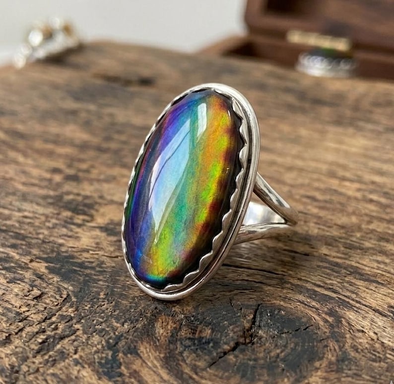 Rainbow Fire Aurora Opal Oval Shape Dainty Ring, 925 Sterling Silver ...