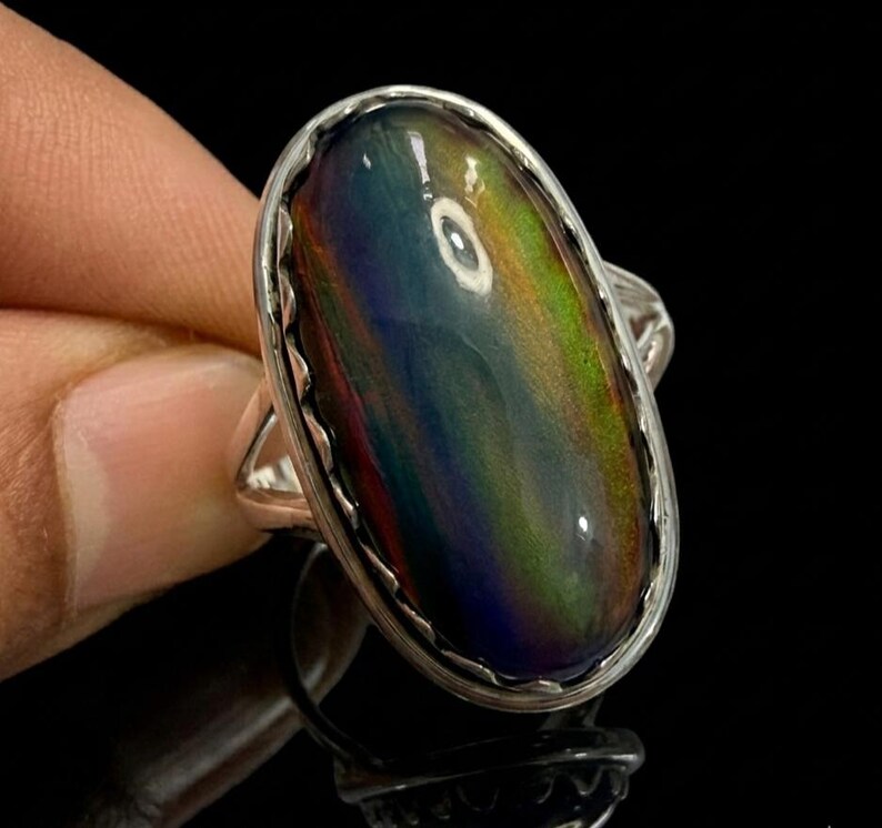 Rainbow Fire Aurora Opal Oval Shape Dainty Ring, 925 Sterling Silver ...