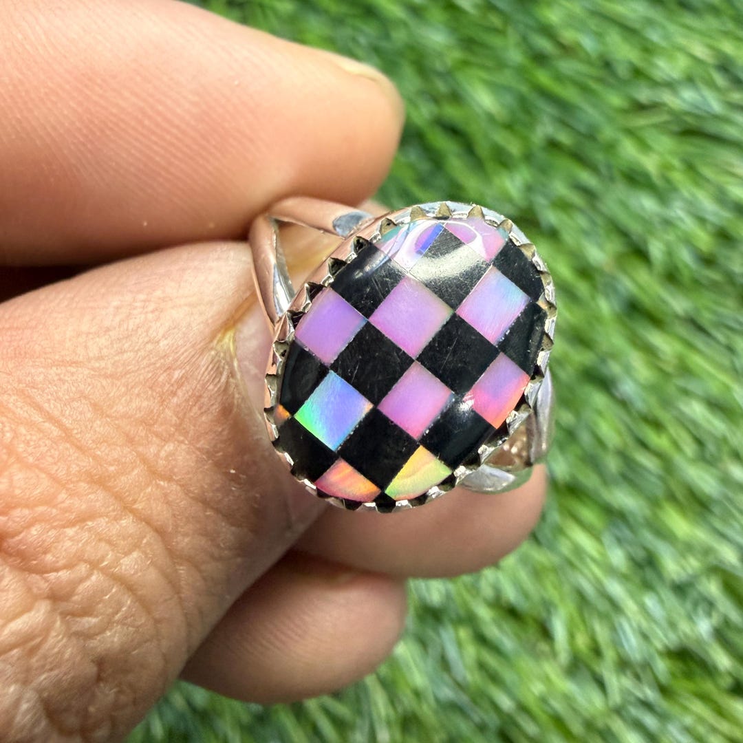 Aurora Opal Checkerboard Ring, 925 Sterling Silver Ring, Checkered ...