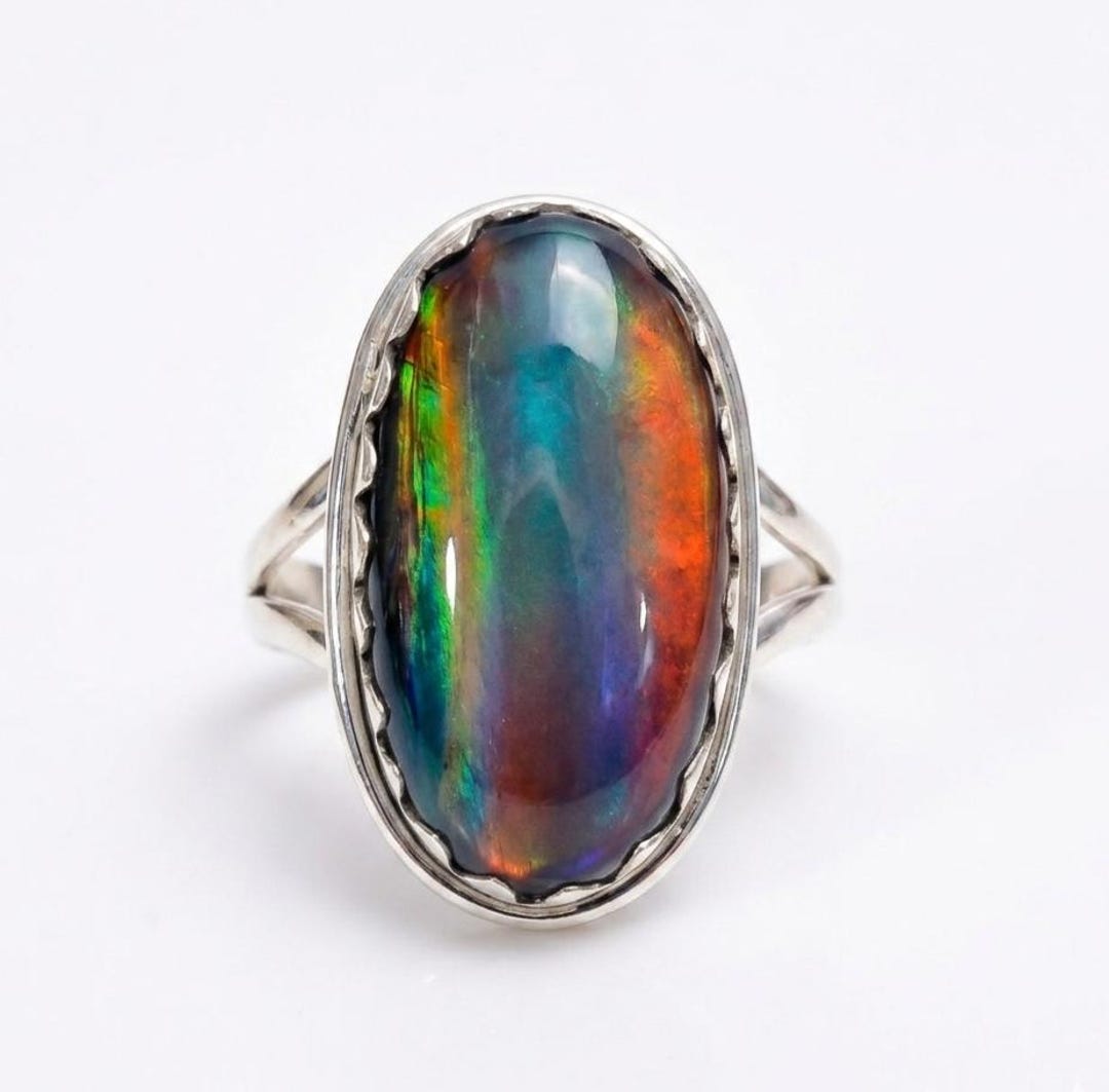 Rainbow Fire Aurora Opal Oval Shape Dainty Ring, 925 Sterling Silver ...