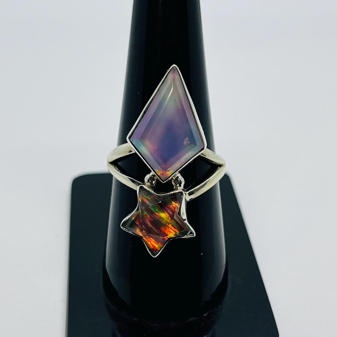 Rose Cut Fire Opal Ring, Crescent Star 925 Sterling Silver Ring ...