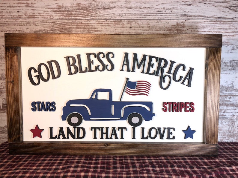 Patriotic Wooden Sign, Americana Decor, Vintage Truck, America Flag ...