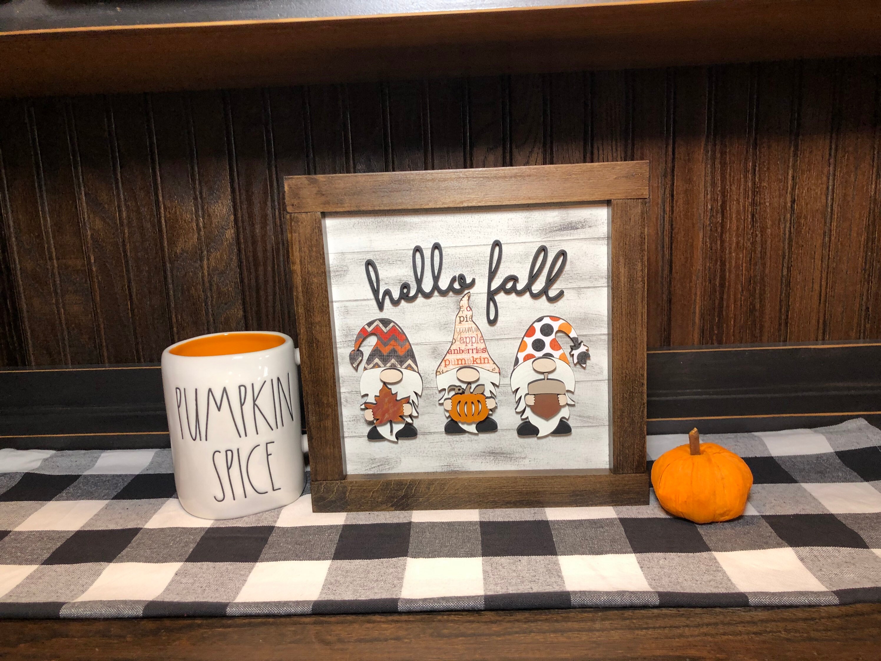 Gnome Fall Sign Hello Fall Sign Buffalo Plaid decor | Etsy