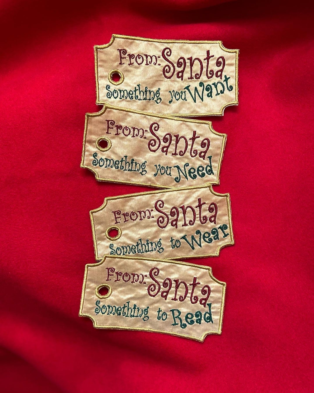 Reusable Embroidered Gift Tags From Santa/ Want, Need, Wear, Read Gift ...