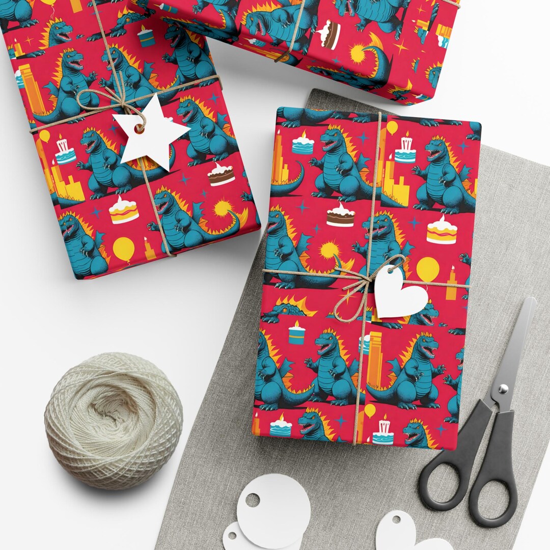 Retro Godzilla Birthday Gift Wrap, Matte Finish, Godzilla Figure, Lamp ...