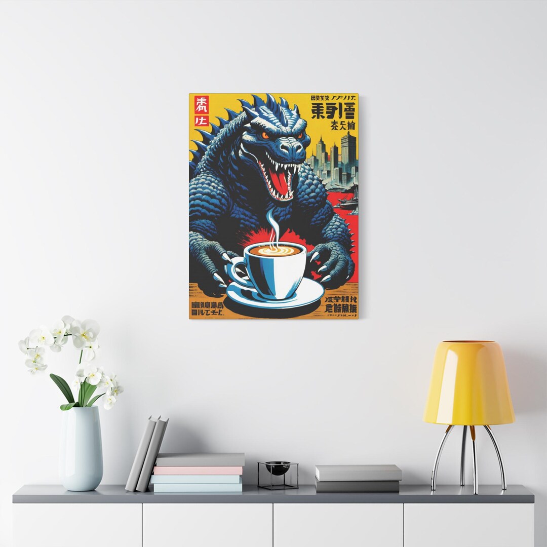 Canvas Wall Art, Godzilla Coffee Barista Art Print, Japanese Comic ...