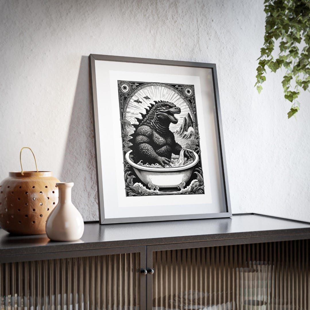Godzilla Bath Fine Art Print, Art Nouveau Style Rolled Poster for Black ...