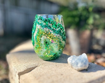 Pink & Green Stemless Wine Glass Wine Glass Set Personalized Wine ...