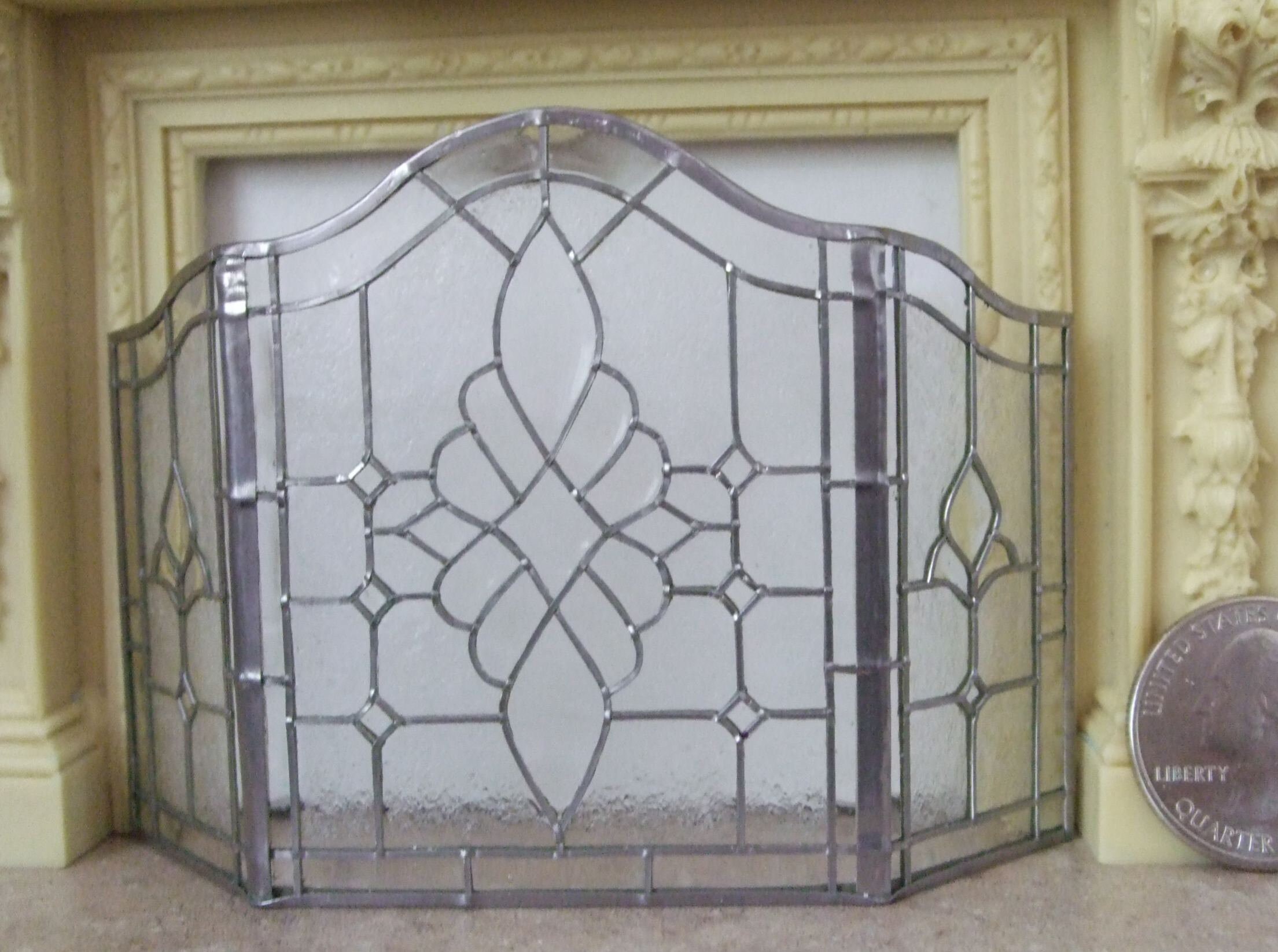 Dollhouse Miniature Stained Glass 3 Panel Fireplace Screen Miniatures ...