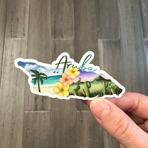 Aruba Sticker, Hand Drawn Design, Palm Trees Beach Cactus, Matte ...